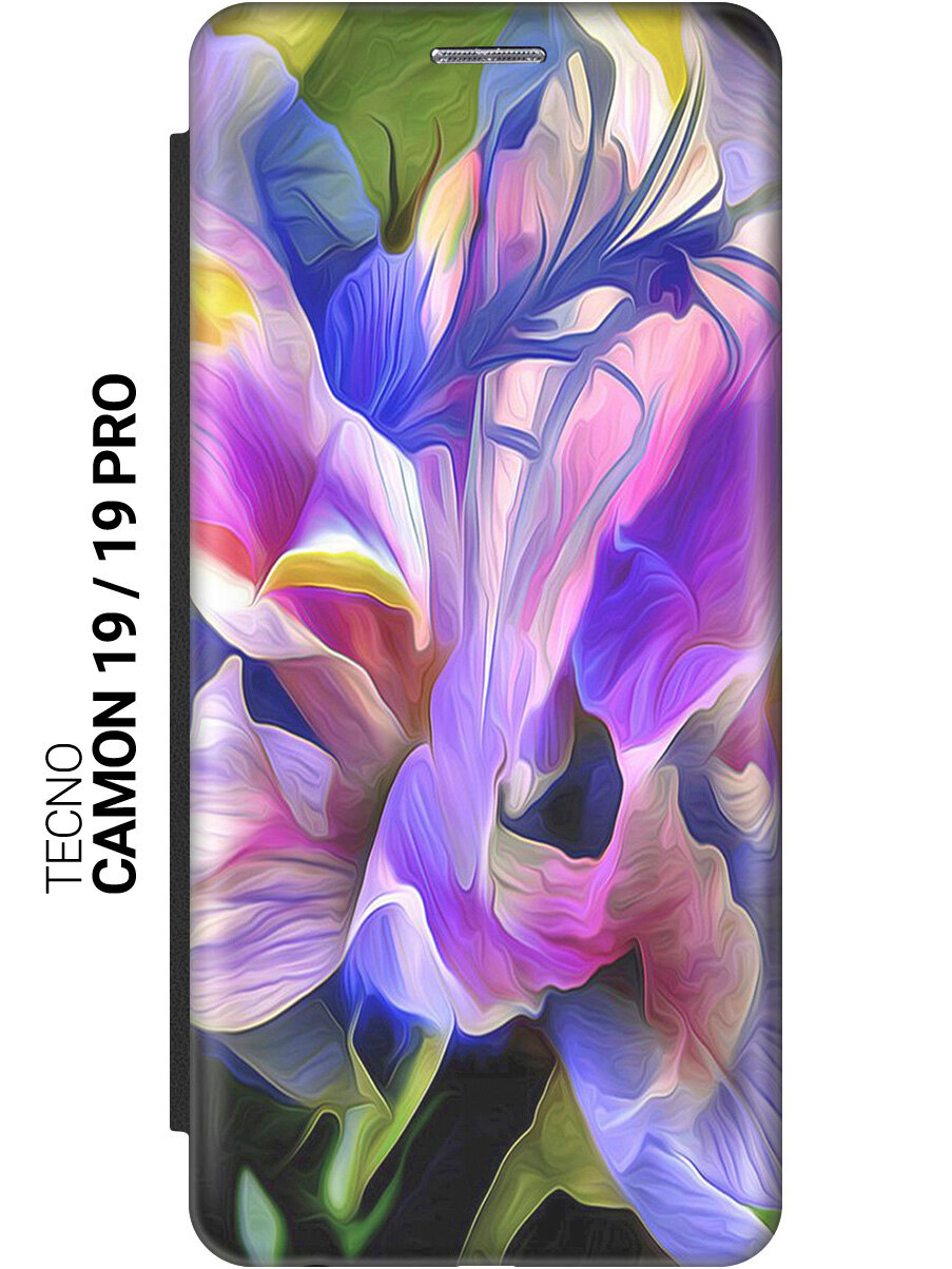 Чехол-книжка на Tecno Camon 19 / 19 Pro / Техно Камон 19 / 19 Про с рисунком "Цветочная абстракция" черный