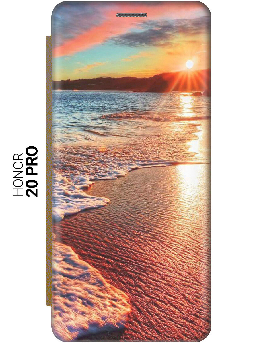 Чехол-книжка на Honor 20 Pro, Хонор 20 Про с 3D принтом "Залитый светом пляж" золотой