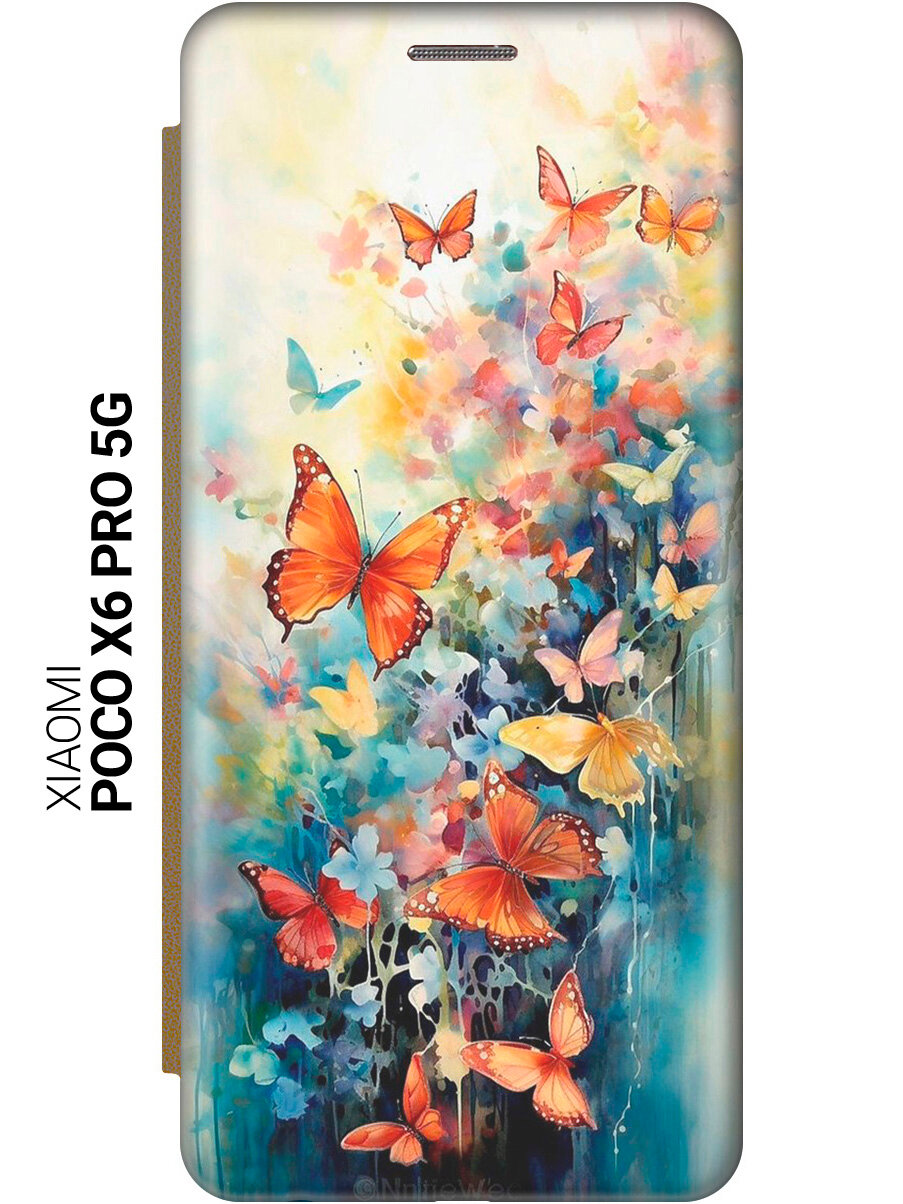 Чехол-книжка на Xiaomi Poco X6 Pro 5G / Сяоми Поко Х6 Про 5г с рисунком "Бабочки акварелью" золотой