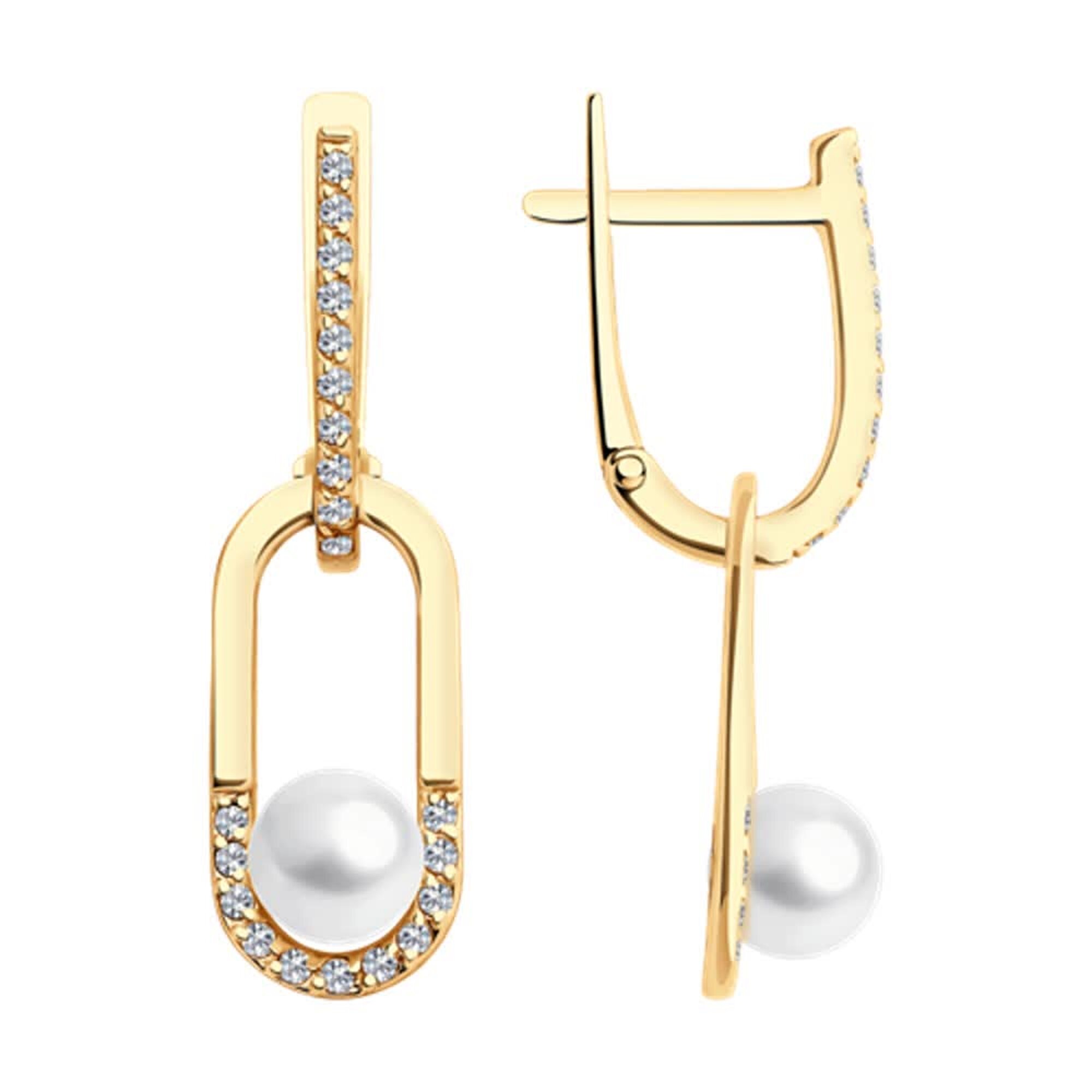 Серьги трансформеры, красное золото, 585 проба, жемчуг, фианит