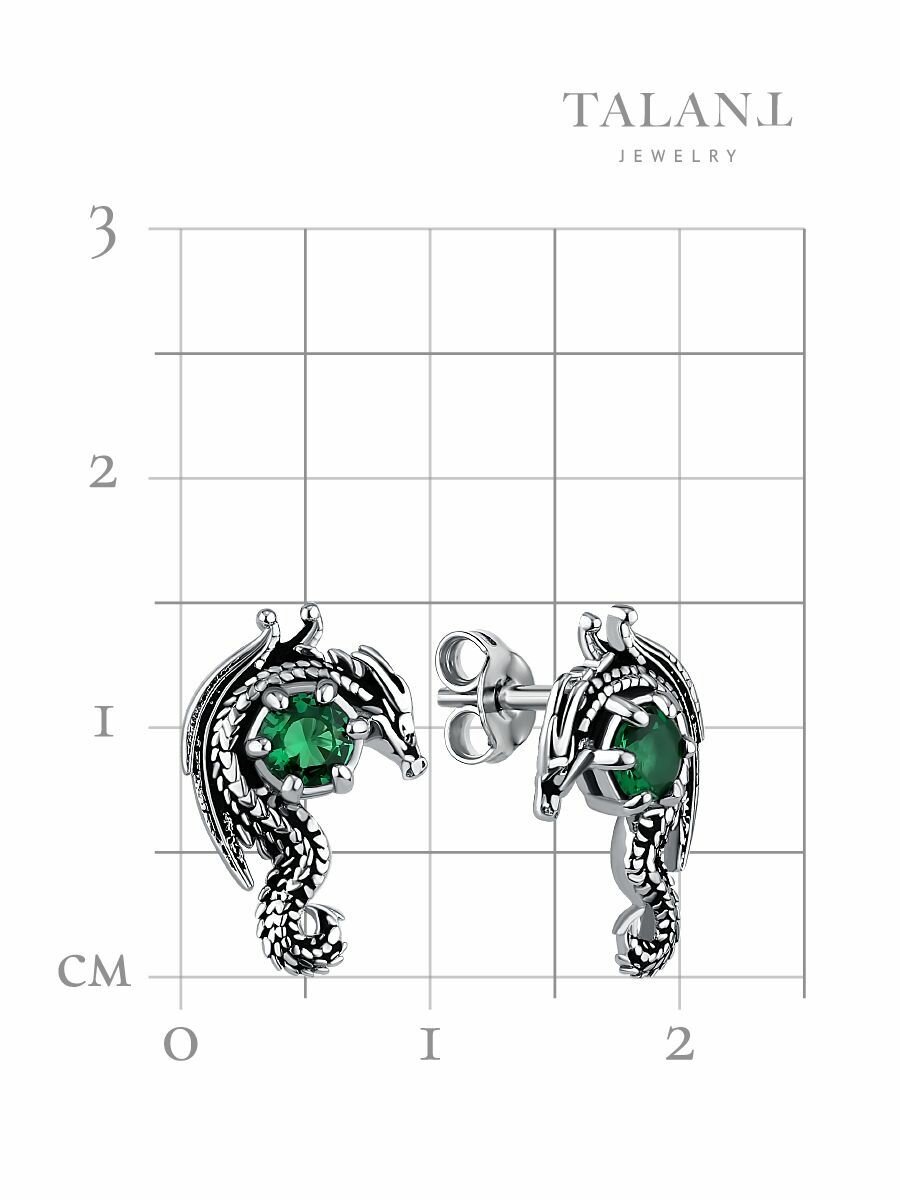 Серьги пусеты TALANT, серебро, 925 проба, родирование, фианит, , серебристый, черный, зеленый — фото 1
