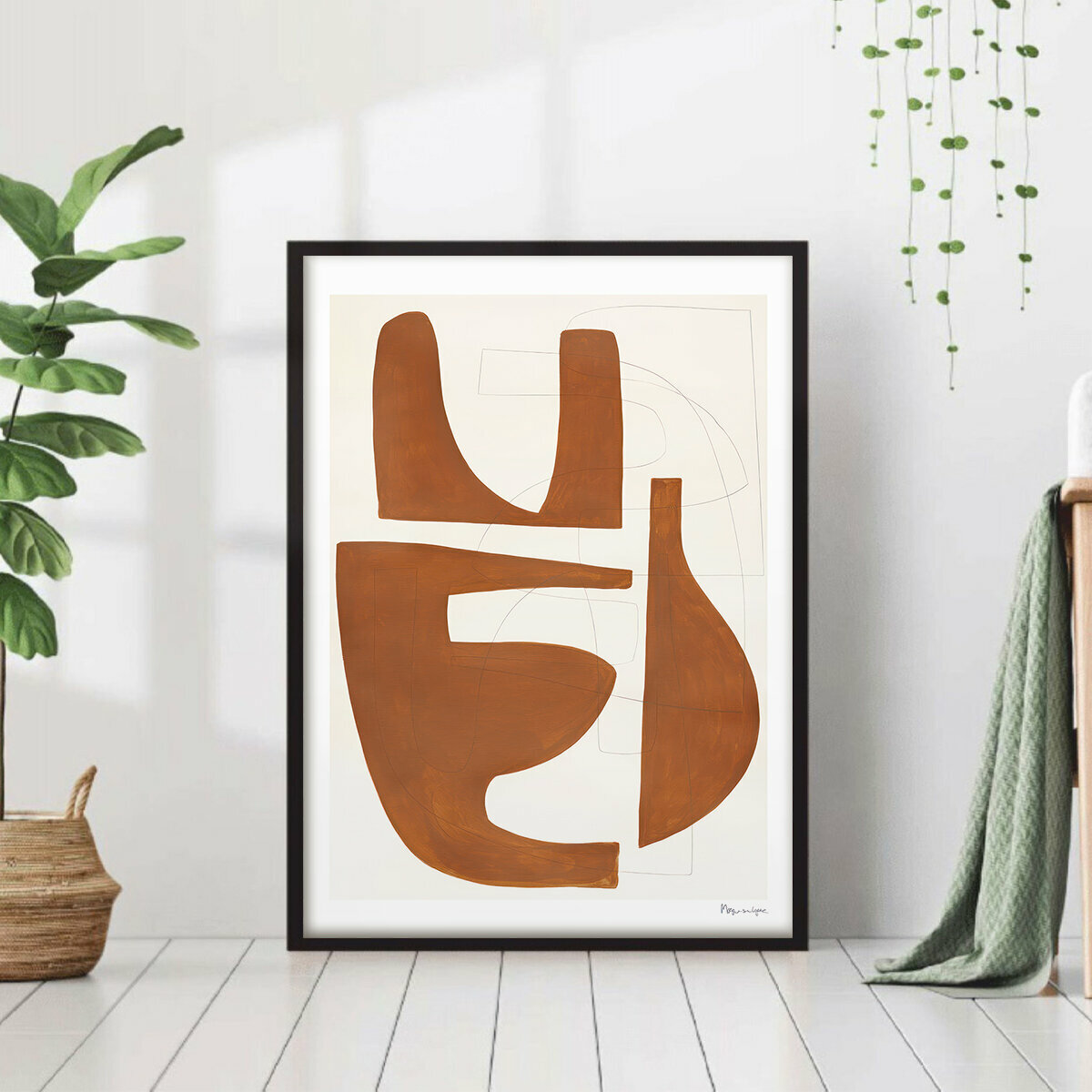 Постер "Абстракция коричневые фигуры" 40x50 в черной рамке для интерьера на стену