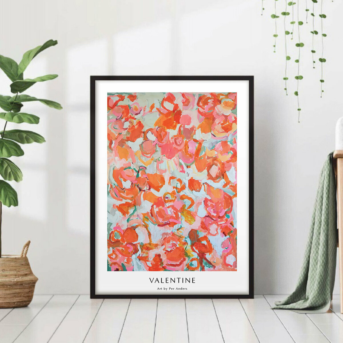 Постер "Абстракция красные цветы" 40x50 в черной рамке на стену для интерьера