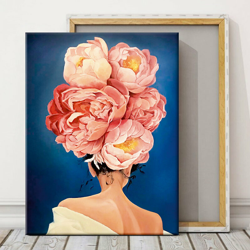 Картина на холсте 40х50 см "Девушка с пионами на голове, Эми Джадд", на стену для интерьера