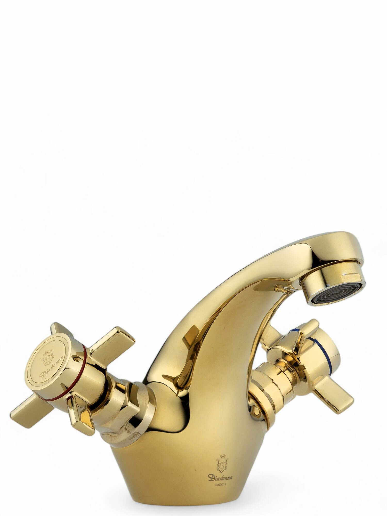 Смеситель для умывальника монолитный с вентильными ручками, золотой