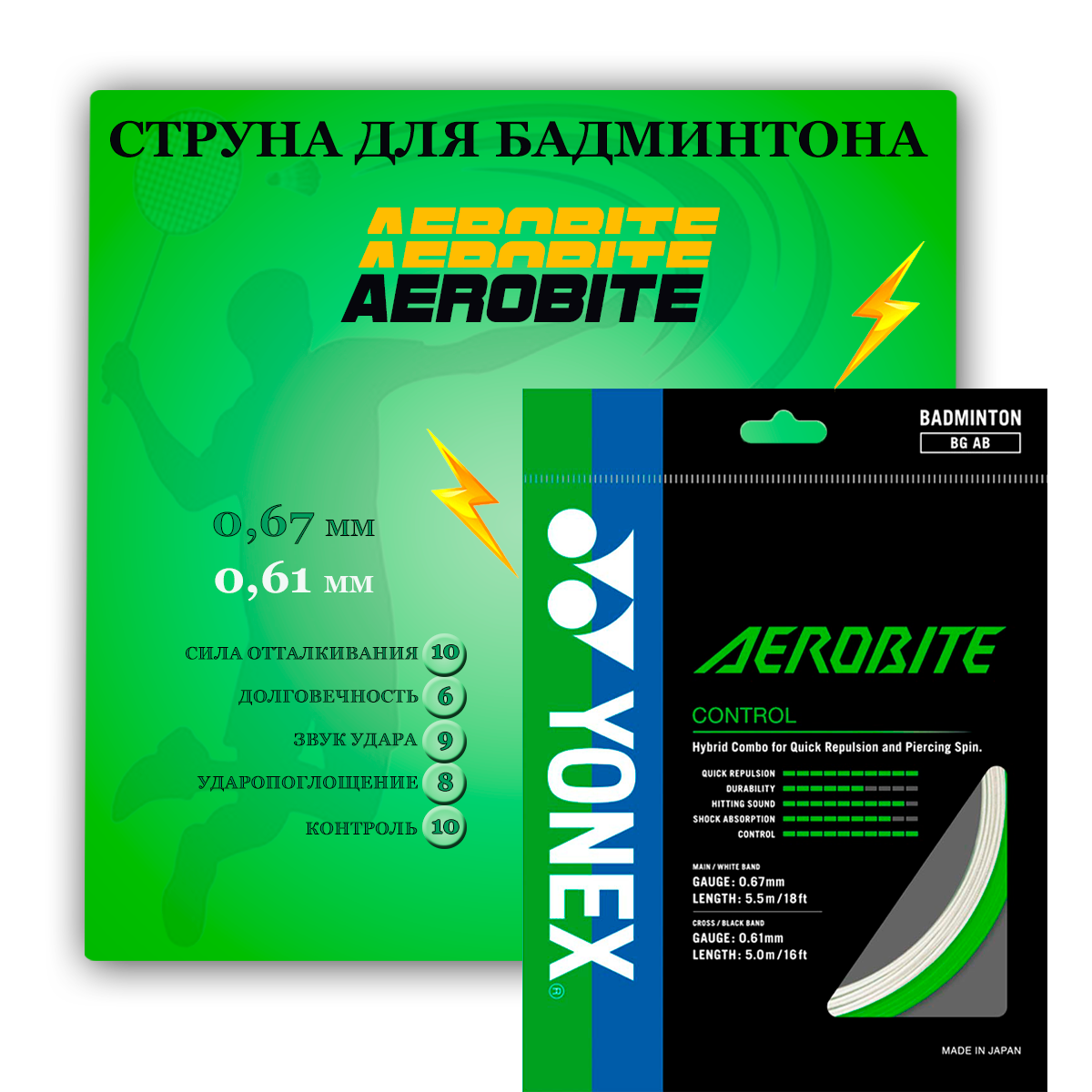 Струна YONEX AEROBITE, для бадминтона, бело-зеленая, длина 10,5 м, 1шт