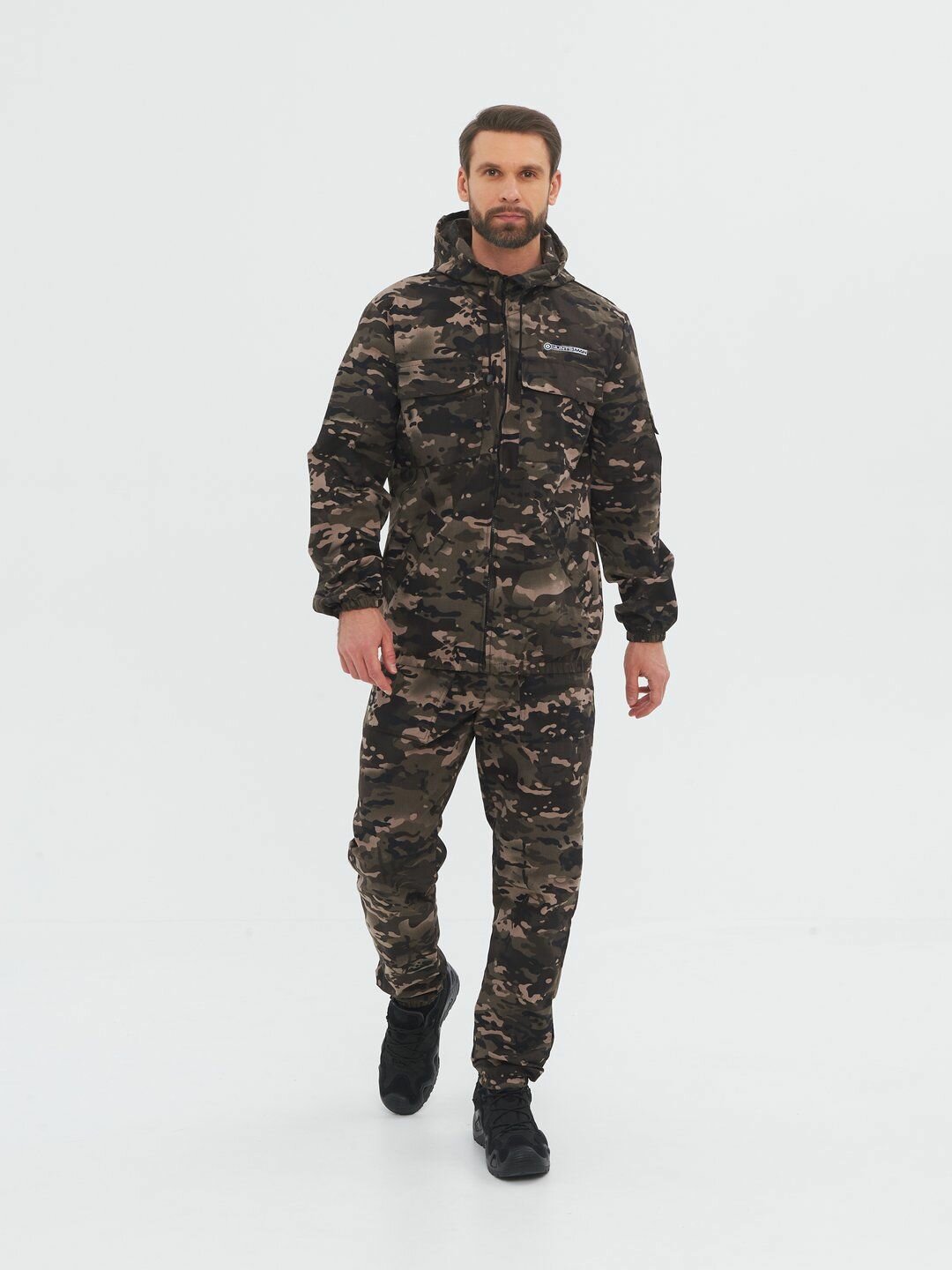 Костюм мужской летний Стрелок, фирма Huntsman, ткань сорочка, цвет Черный мультикам, размер 48-50/182-188
