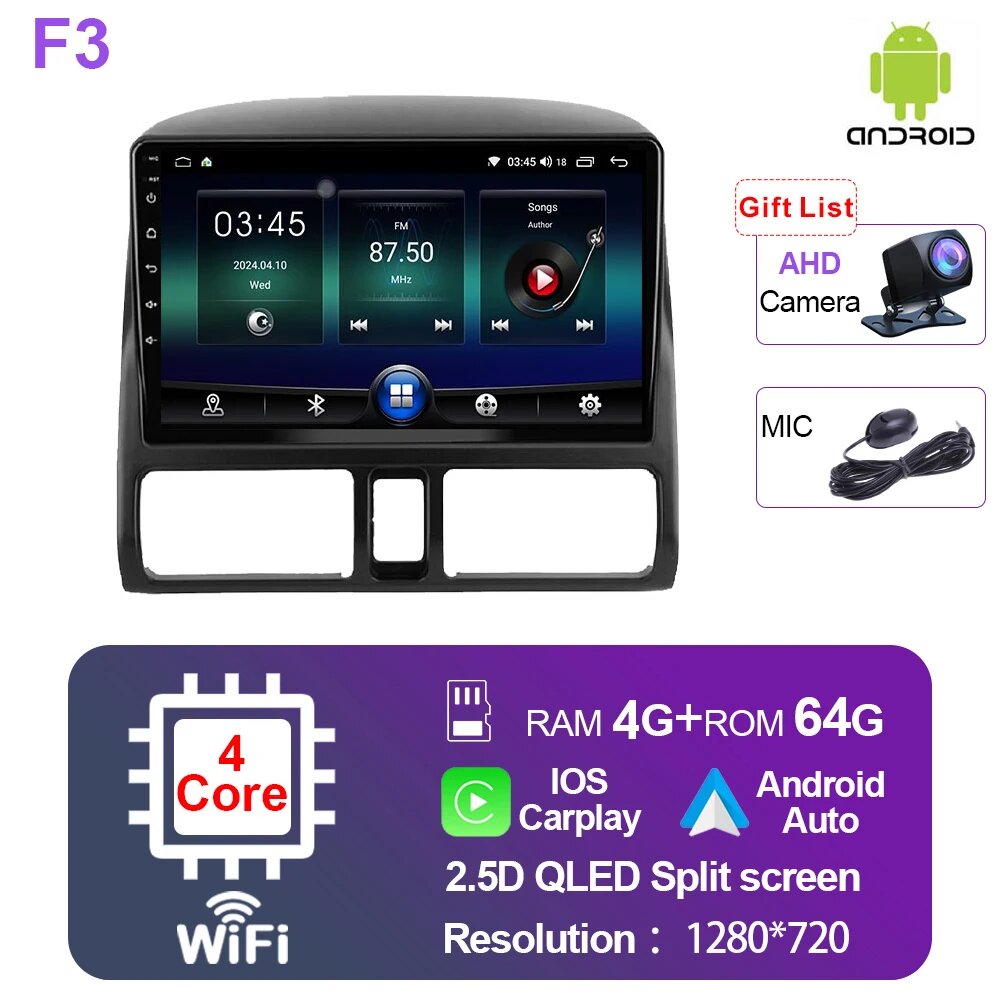 7862 2K Android 14 Carplay Авто Стерео для Honda CR-V CRV 2 2001-2006 Автомобильный радиоприемник Мультимедийный плеер GPS-навигация Головное устройство 4G 4core 4-64G Carplay