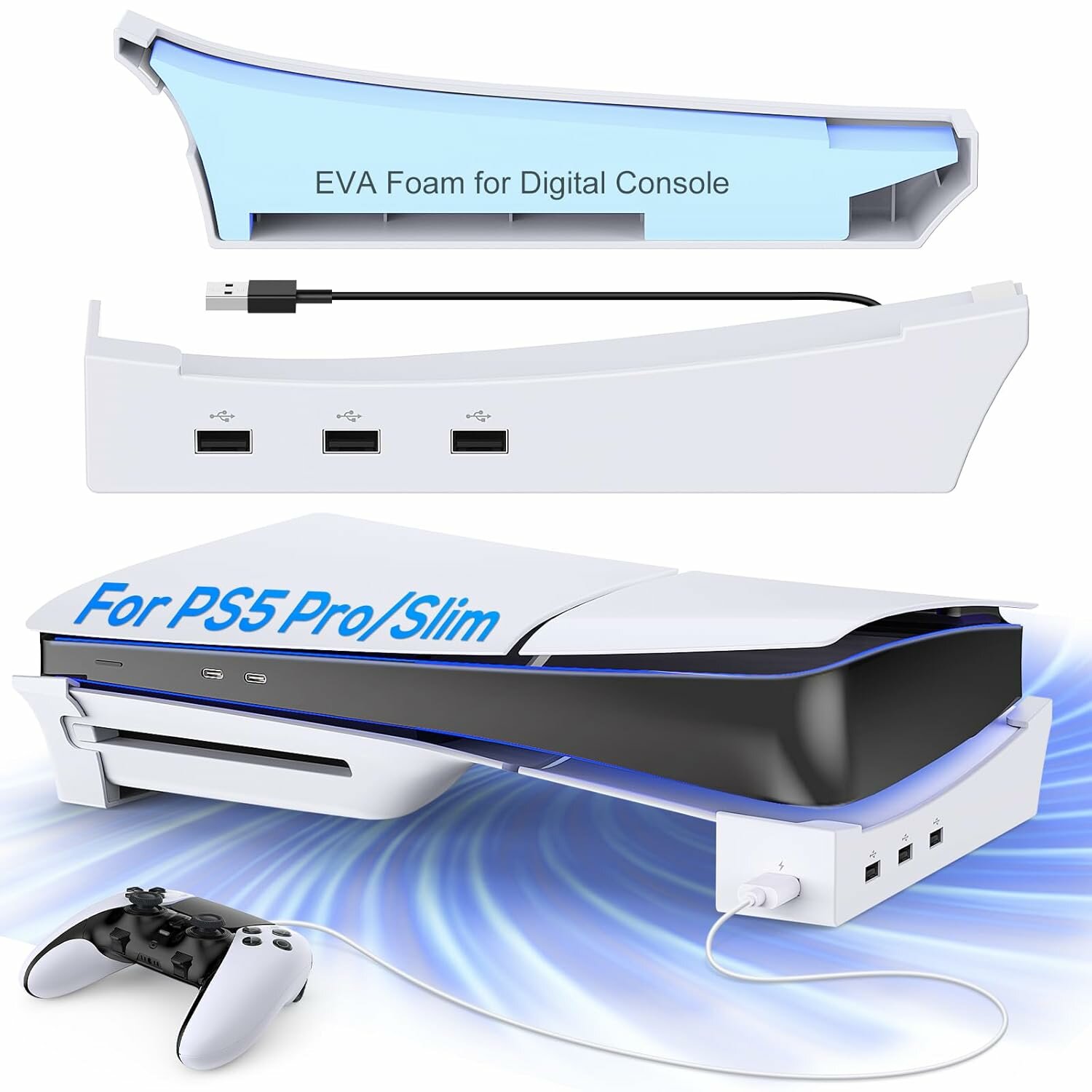 Горизонтальная подставка для консолей PS5 Slim/PS5 Pro с 4 USB-портами, держатель для PlayStation 5 Slim/Pro, USB 2.0 для данных и зарядки