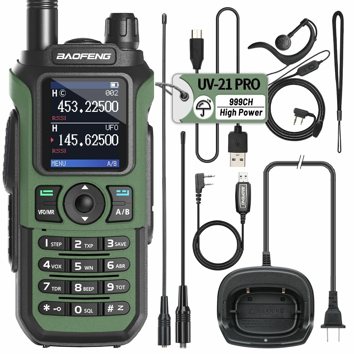 Baofeng UV-21 Pro Беспроводная копируемая частота, трехдиапазонная 999CH Водонепроницаемая рация TYPE C 16 км Long Range UV-5R 17 Harm Radio -hz