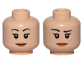 Minifigure, Head Dual Sided Female with Black Eyebrows, Pink Lips, Smile / Concerned with Raised Right Eyebrow Pattern, 3626pb1438 Light Nougat N