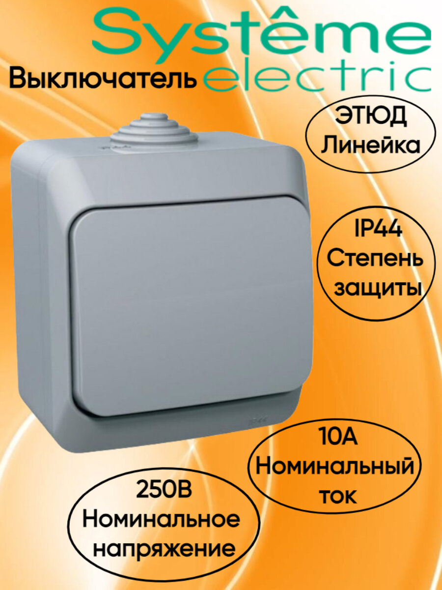 Этюд IP44 Выключатель одноклавишный открытой установки 10 АХ, цвет серый