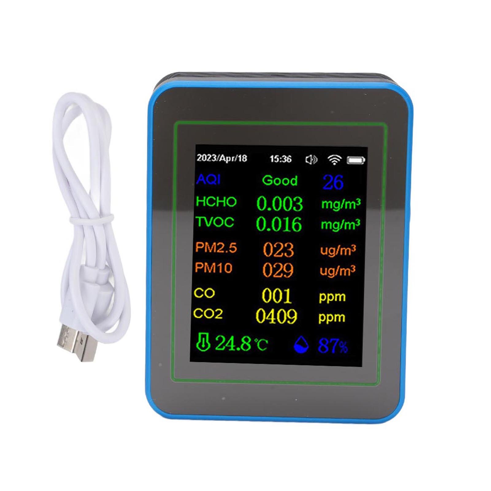 Измеритель качества воздуха 12 в 1 с wi-fi, датчики co2, tvoc, hcho, температуры и влажности, умный детектор для помещений, работающий от батареи, отображением времени, черно-синий