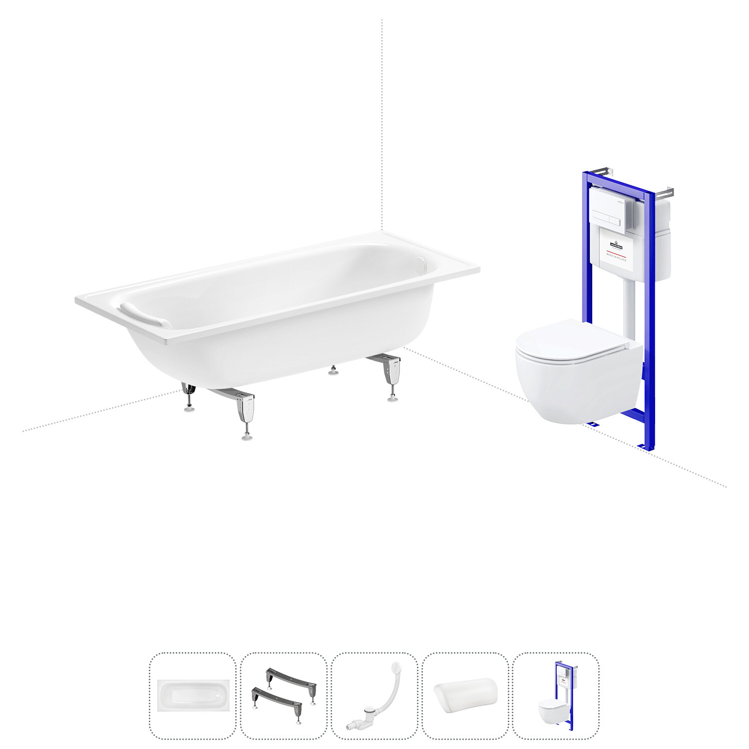 Стальная ванна 160х70 Sanitana BLB Europa 20220798R в наборе 5 в 1: металлическая ванна 160 х 70 см, ножки, слив-перелив, подголовник, инсталляция с унитазом