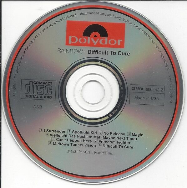Rainbow. Difficult To Cure (US, Polydor, 800 018-2, диск) CD — фото 1