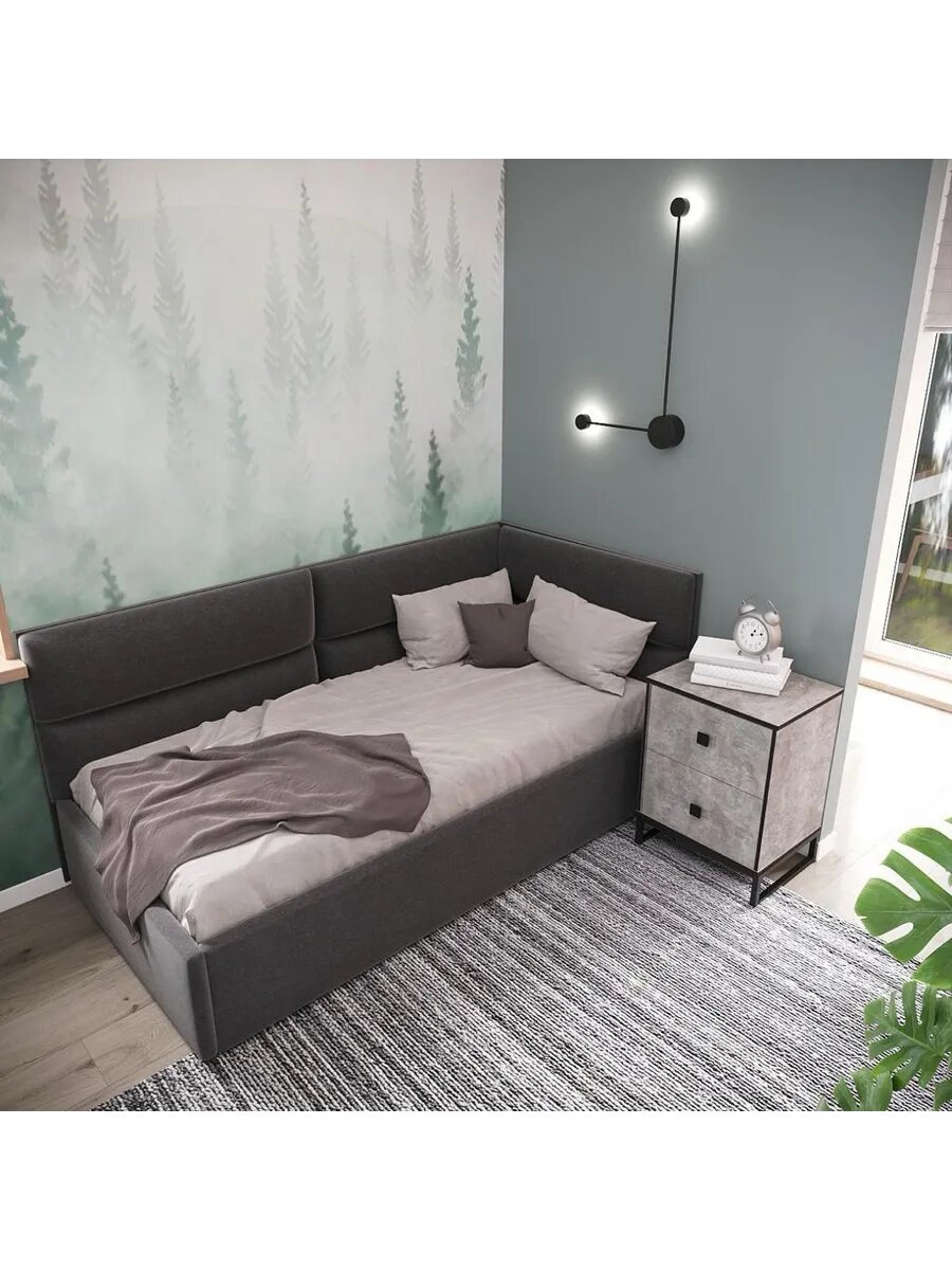 Детская кровать, угловая, ЛДСП, ортопедический матрас, с подъемным механизмом, темно-серая