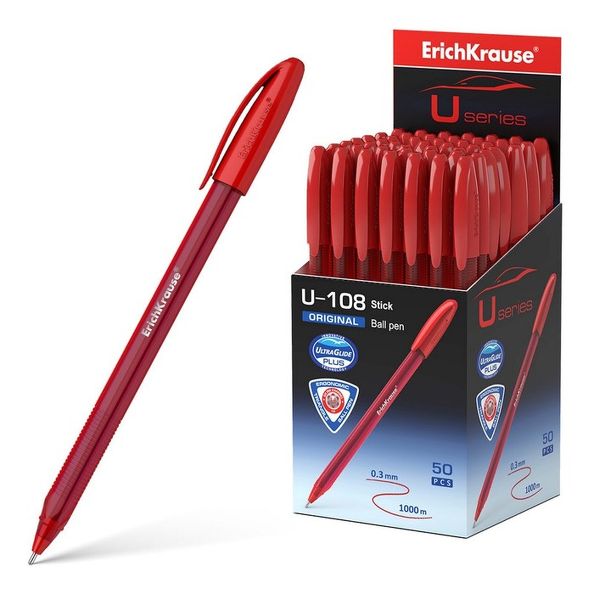 Ручка ErichKrause Original Stick U-108, шариковая, красная, супермягкая, 1000м