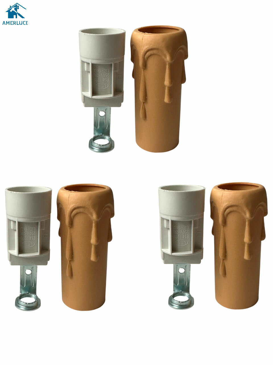 Патрон оплавленная свеча, (оплывшая свеча) Е14 для люстры в сборе, 65 мм, цвет Антик, Е14, 3 шт