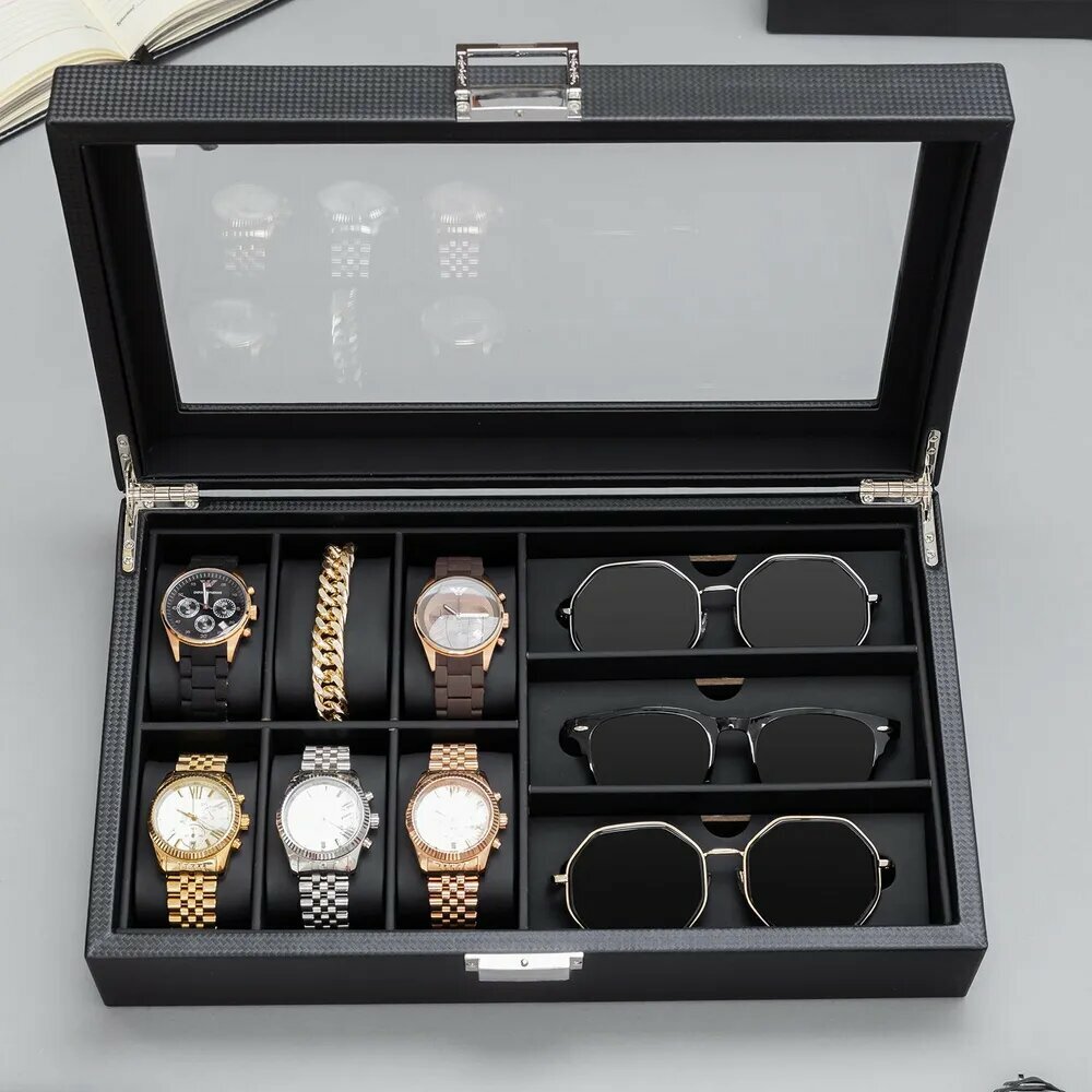 CLOX box / Шкатулка для часов и украшений, бокс для хранения наручных часов на 9 секций, черная экокожа, жесткий корпус