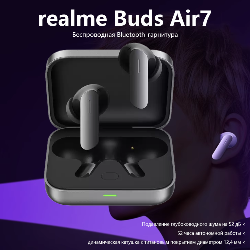 Realme Buds Air7 Беспроводная Bluetooth-гарнитура, активное шумоподавление, темно-черный