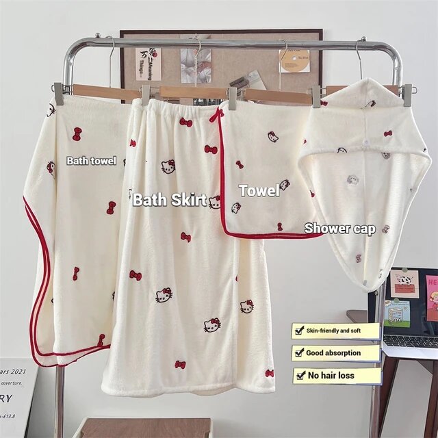Милое банное полотенце Sanrio Hello Kitty Kuromi, мягкое и удобное женское полотенце для лица из кораллового флиса, для домашнего использования, шапочка для сушки волос для студентов, банная юбка. Размер: Шапочка для сухих волос 25х65 см