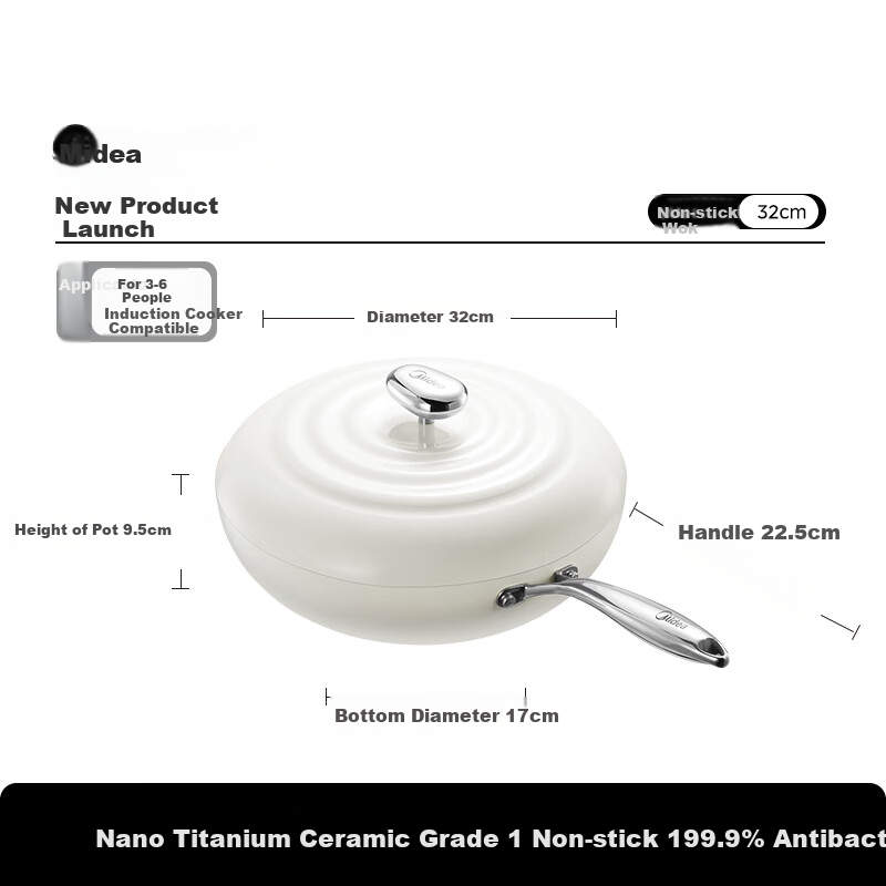 Midea Titanium Non-stick Wok with Fluoroceramic Coating, Popular Big White Pot, Flat Bottom Frying Pan, Easy to Clean, Suitable for Induction Cooker