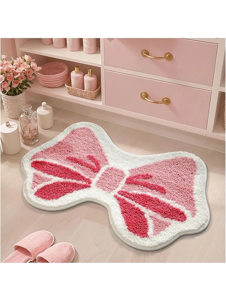 Розовый коврик для ванной с бантом пушистый антискользящий