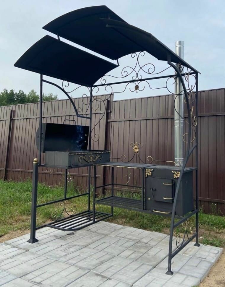 Мангал с крышей и печкой под казан барбекю, мангальная зона с крышкой барбекю и печью для казана 3 мм, со столом