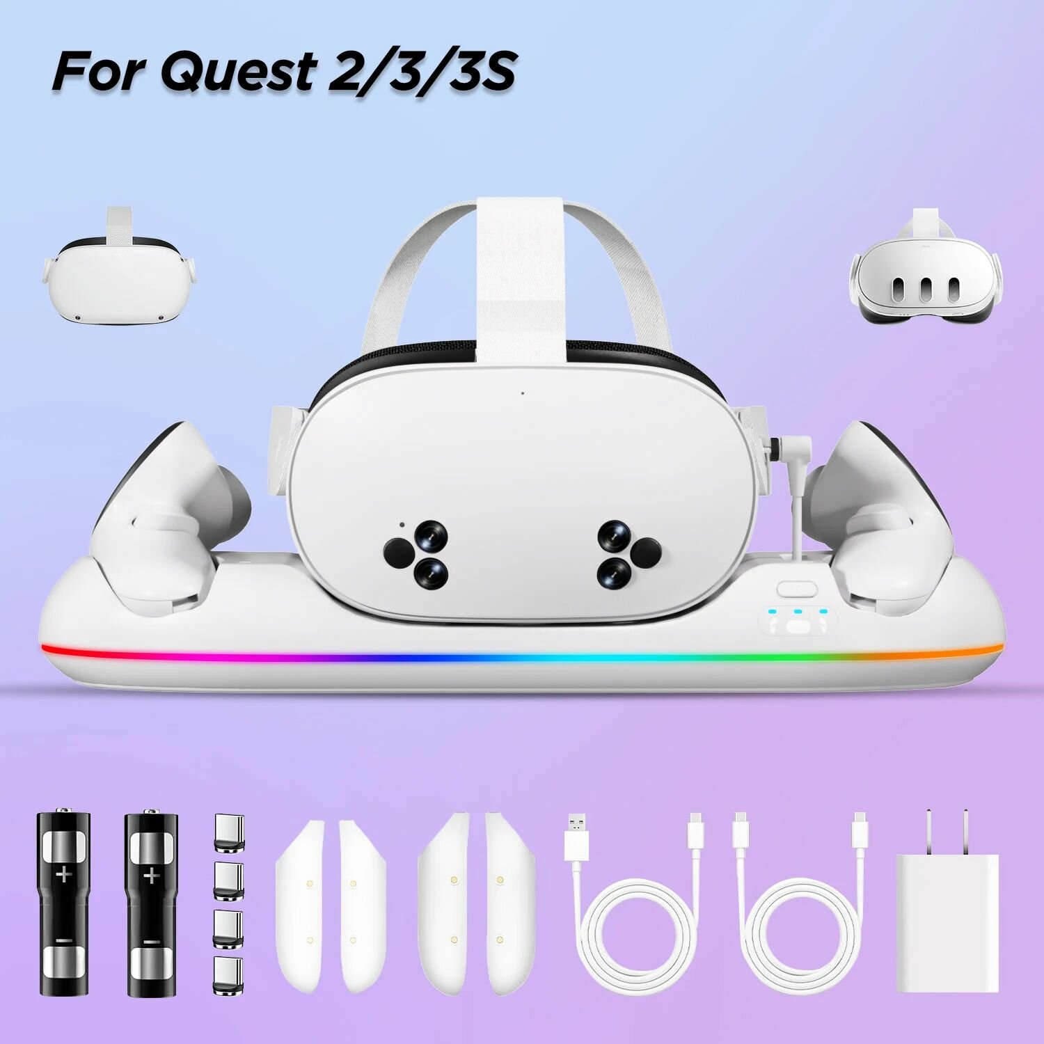 Зарядная док станция с быстрой зарядкой RGB подсветкой для VR Oculus Quest 2 / 3 / 3S + 2 аккумулятора для контроллеров