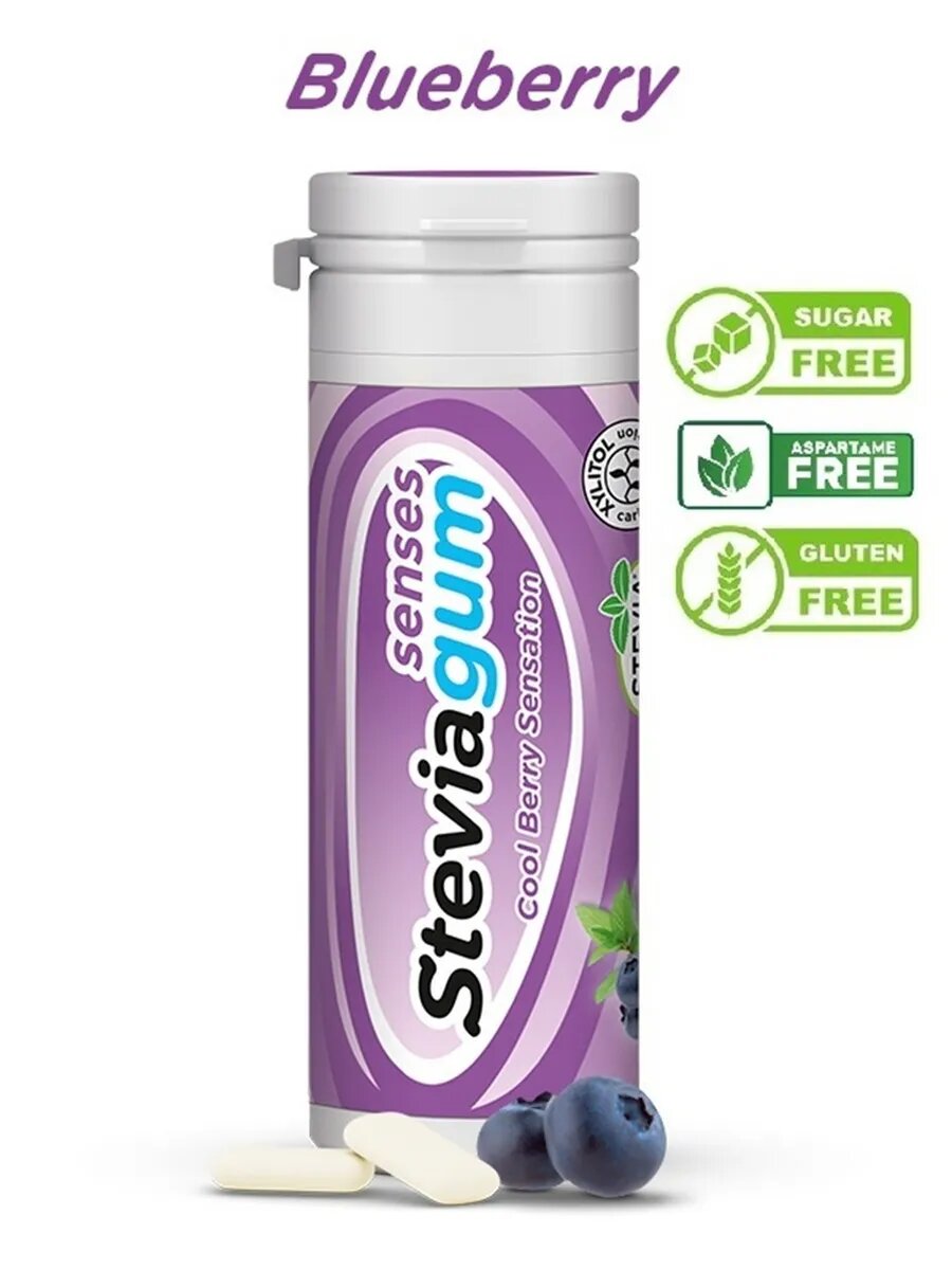 Жевательная резинка Steviagum SENSES без сахара с черникой, стевией и ксилитом 30г