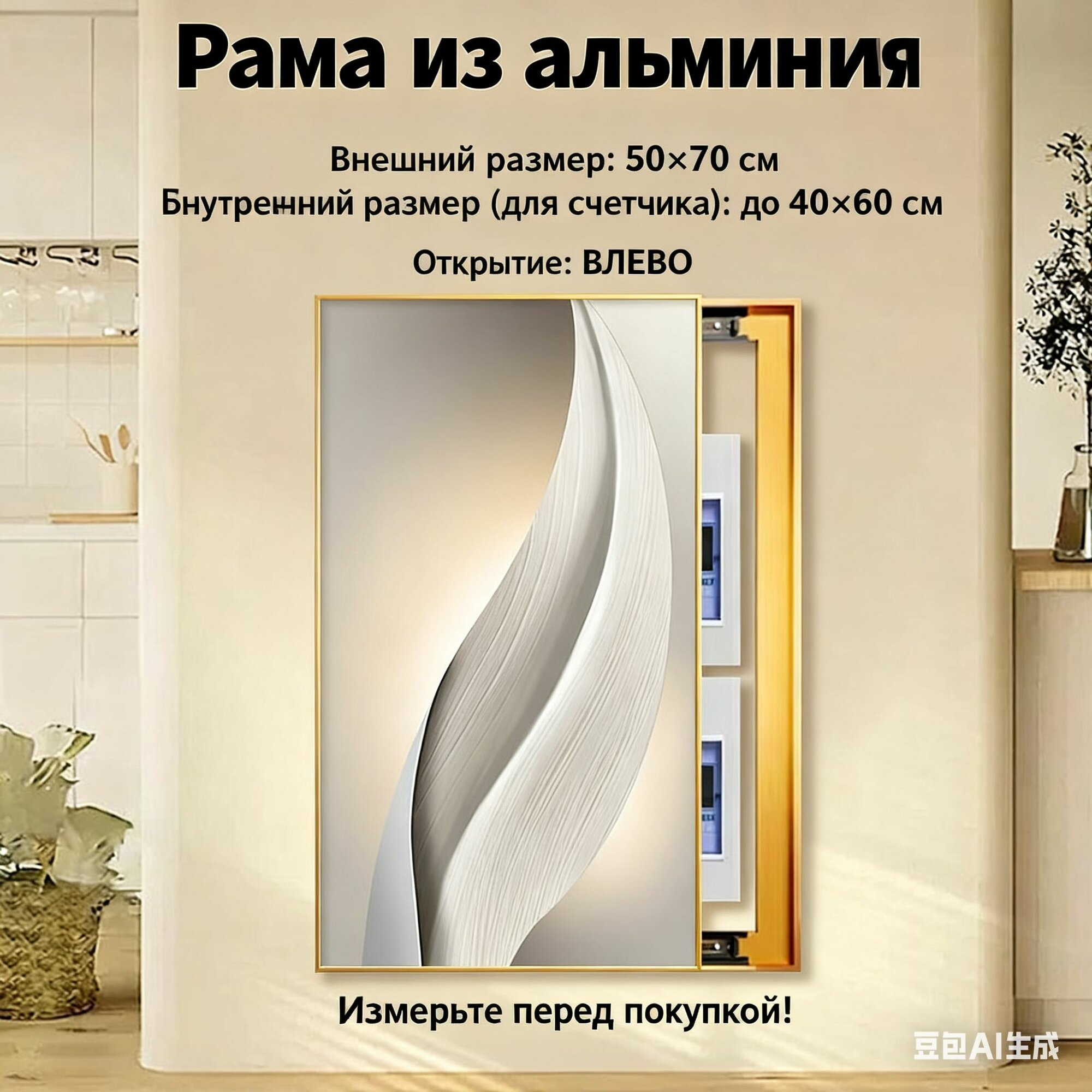 Картина-щиток для электросчётчика 50x70см: маскировка, алюминиевая рама, левое открывание, бессверльный монтаж, гидроопора