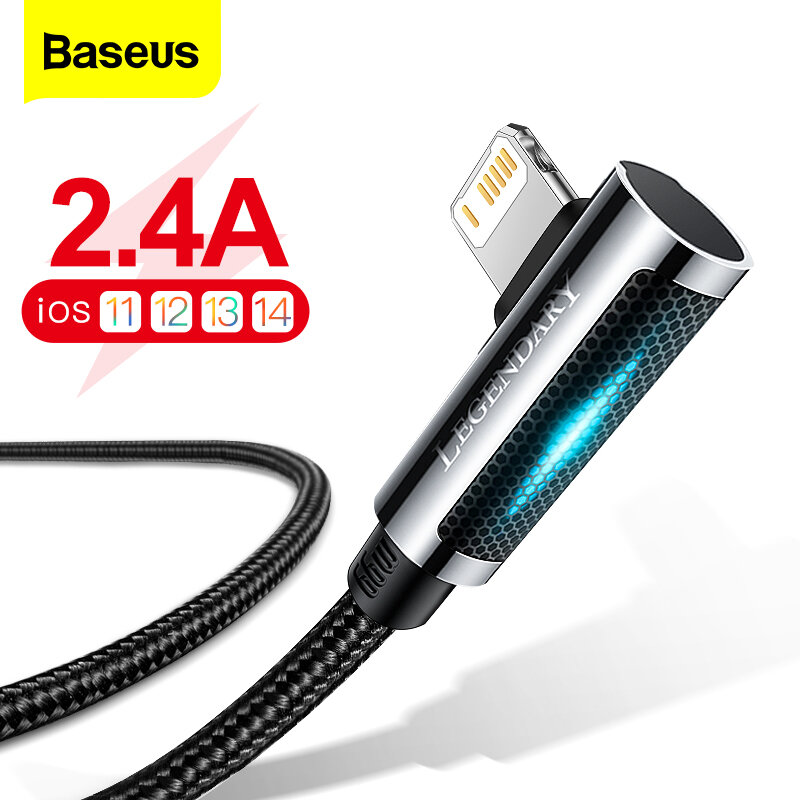 USB-кабель Baseus LED для iPhone 12 Pro Max 13 Pro Max, зарядное устройство для быстрой зарядки под углом 90 градусов дл