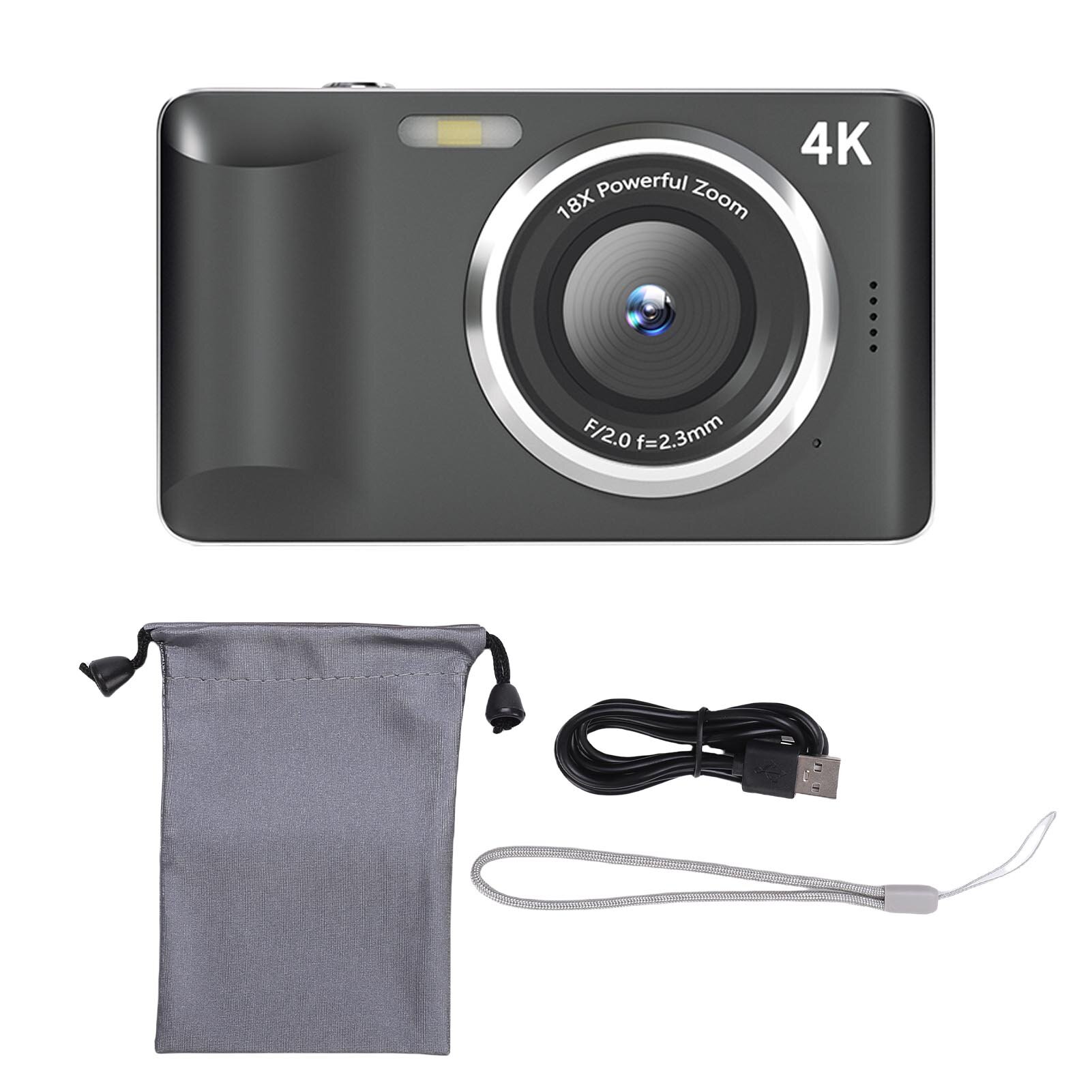 Цифровая фотокамера 4K 64 МП, 2,8-дюймовый дисплей, автофокус, 18-кратный зум, вспышка, для путешествий, фотосъемки, темно-серый цвет.
