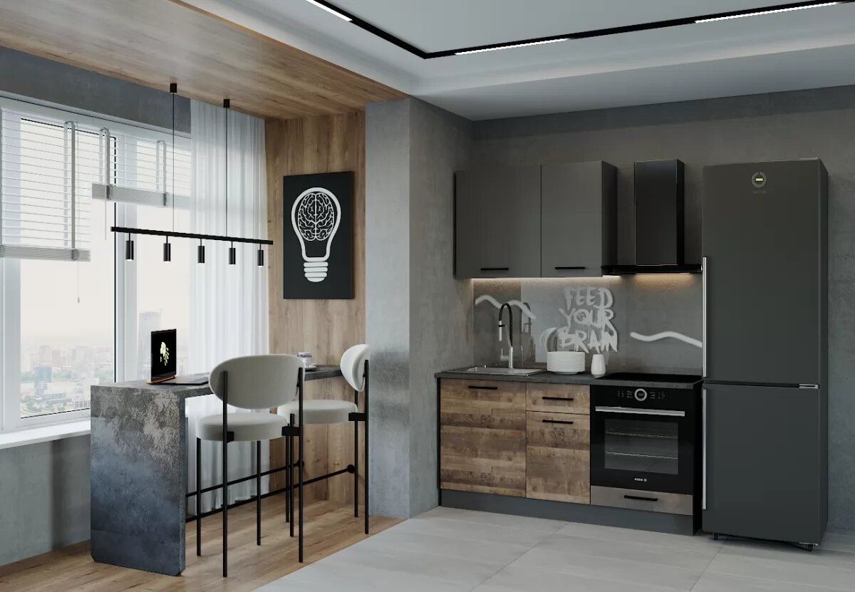 Кухонный гарнитур Sanvut Трансильвания-1600 столешница 26 мм, каркас ЛДСП, фасад ЛДСП, Антрацит/Гранж