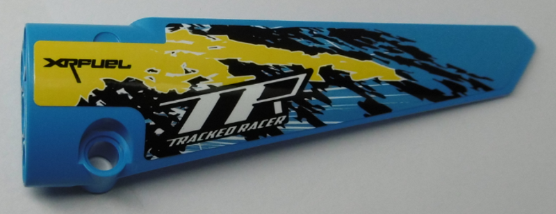 Technic, Panel Fairing # 6 Long Smooth, Side B with 'XRFUEL', 'TR TRACKED RACER' and Black, Yellow and White Splotches Pattern (Sticker) - Set 42095, 64393pb042 Dark Azure U