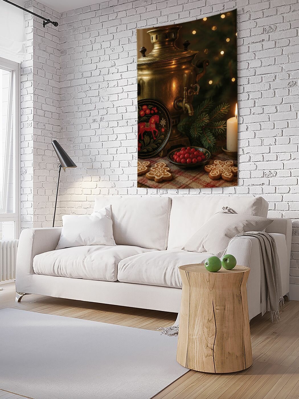 Фотопанно на стену тканевый вертикальный"Самовар зимой", 150х200 см, JoyArty, серия Новый год