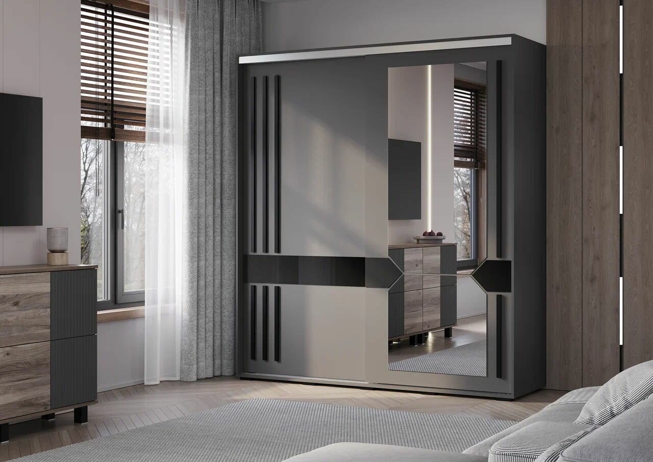 Шкаф-купе "Крафт-9", шкаф для одежды с зеркалом, ЛДСП Графит, Мебелони
