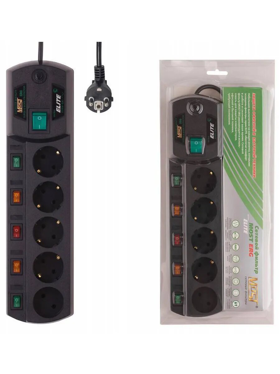 Сетевой фильтр ERG 2м (5 розеток) черный (коробка)