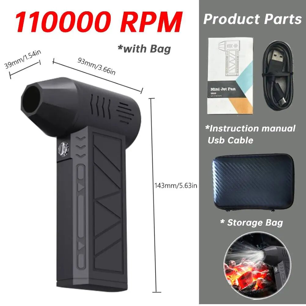 Высокоскоростной мини-турбонагнетатель воздуха 6 В с USB-аккумулятором 110000 Портативный ручной вентилятор RPM для уборки дома и улицы, with Bag