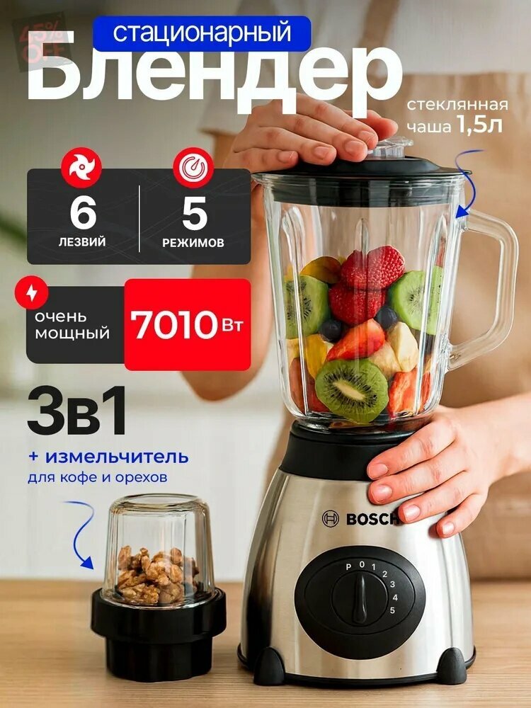 Стационарный блендер Bosch 3в1, стеклянная чаша 1,5 л, 7010 Вт, 5 режимов