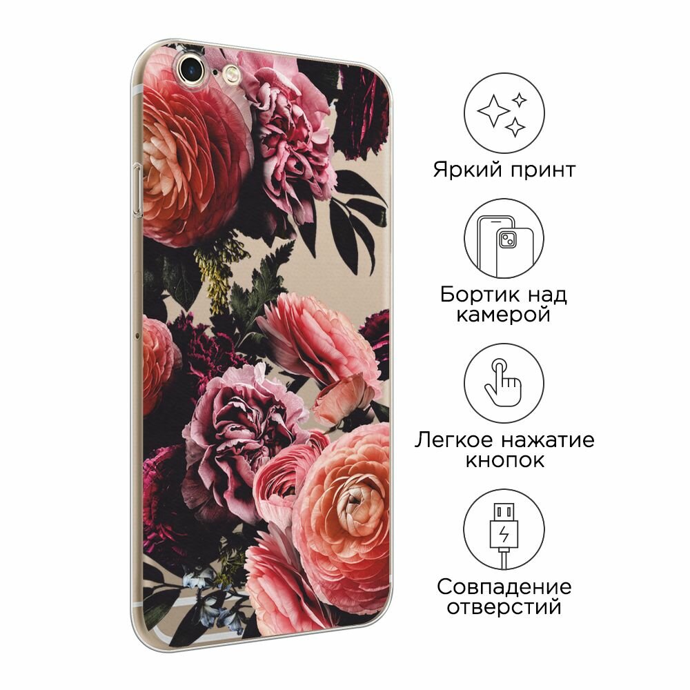Чехол на Apple iPhone 6 Plus/6S Plus / Айфон 6 Плюс/Айфон 6С Плюс с принтом "Бордовые винтажные цветы", прозрачный — фото 1