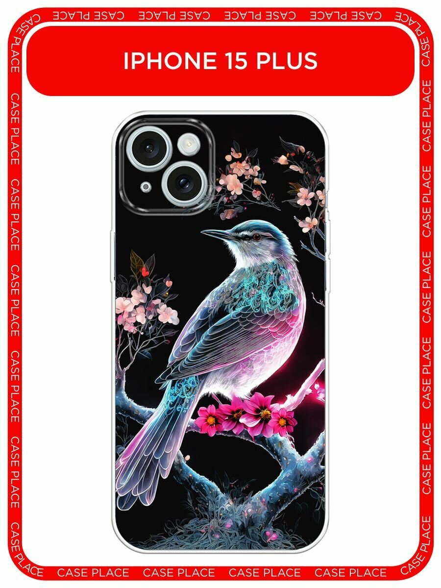 Чехол на Apple iPhone 15 Plus / Айфон 15 Плюс с принтом "Птица на цветущем дереве"