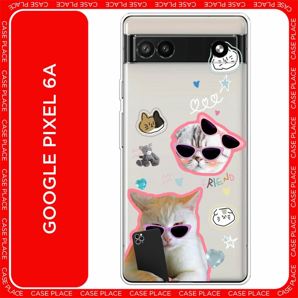Чехол на Google Pixel 6A / Гугл Пиксель 6A с принтом "Котики в очках 2", прозрачный