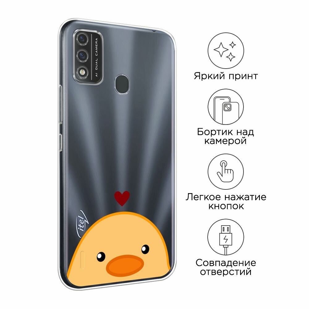 Чехол на Itel A48 / Ител А48 с принтом "Влюблённая уточка - 14 февраля", прозрачный — фото 1