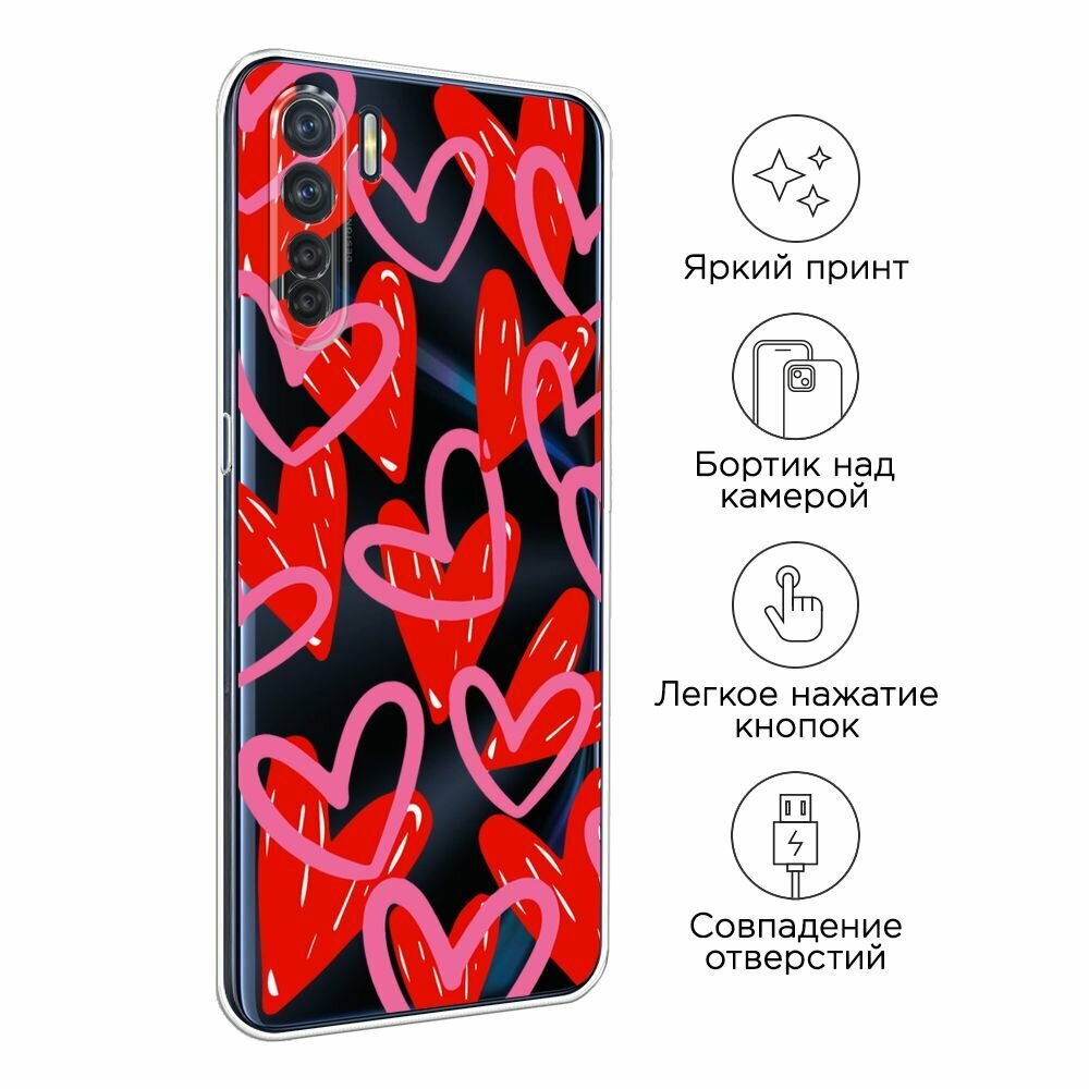 Чехол на Oppo A91/Reno 3 / Оппо A91/Рено 3 с принтом "Hearts doodles - 14 февраля", прозрачный — фото 1