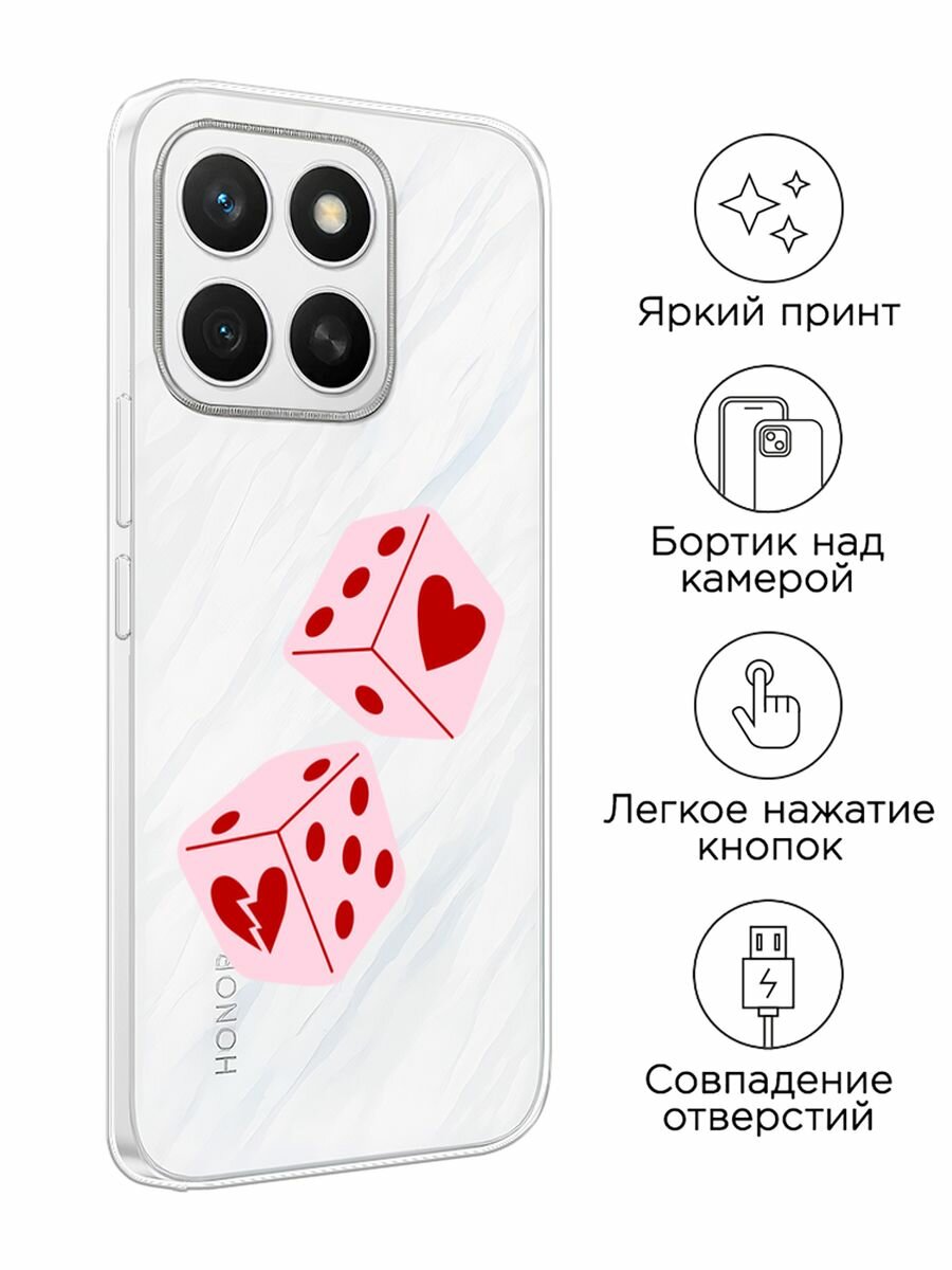 Чехол на Honor X8c / Хонор X8c с принтом "Игральные кубики любви - 14 февраля", прозрачный — фото 1