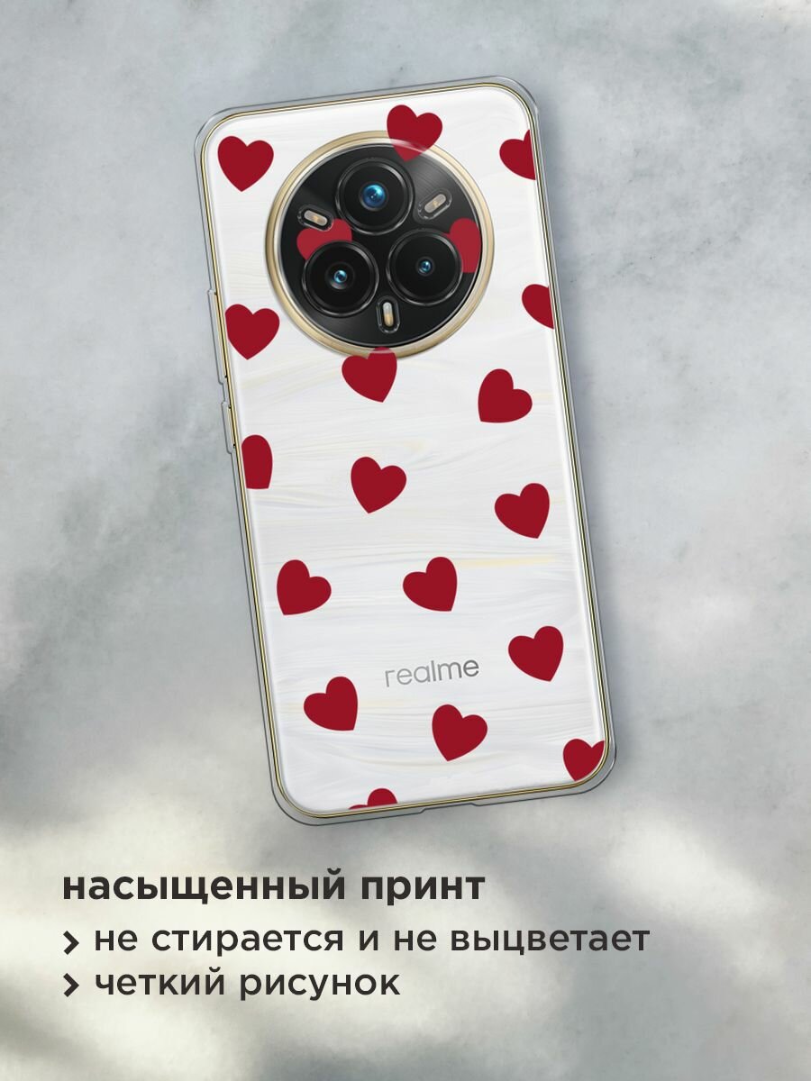 Чехол на Realme 14 Pro+ / Реалми 14 Про+ с принтом "Бордовые сердечки паттерн - 14 февраля", прозрачный — фото 1
