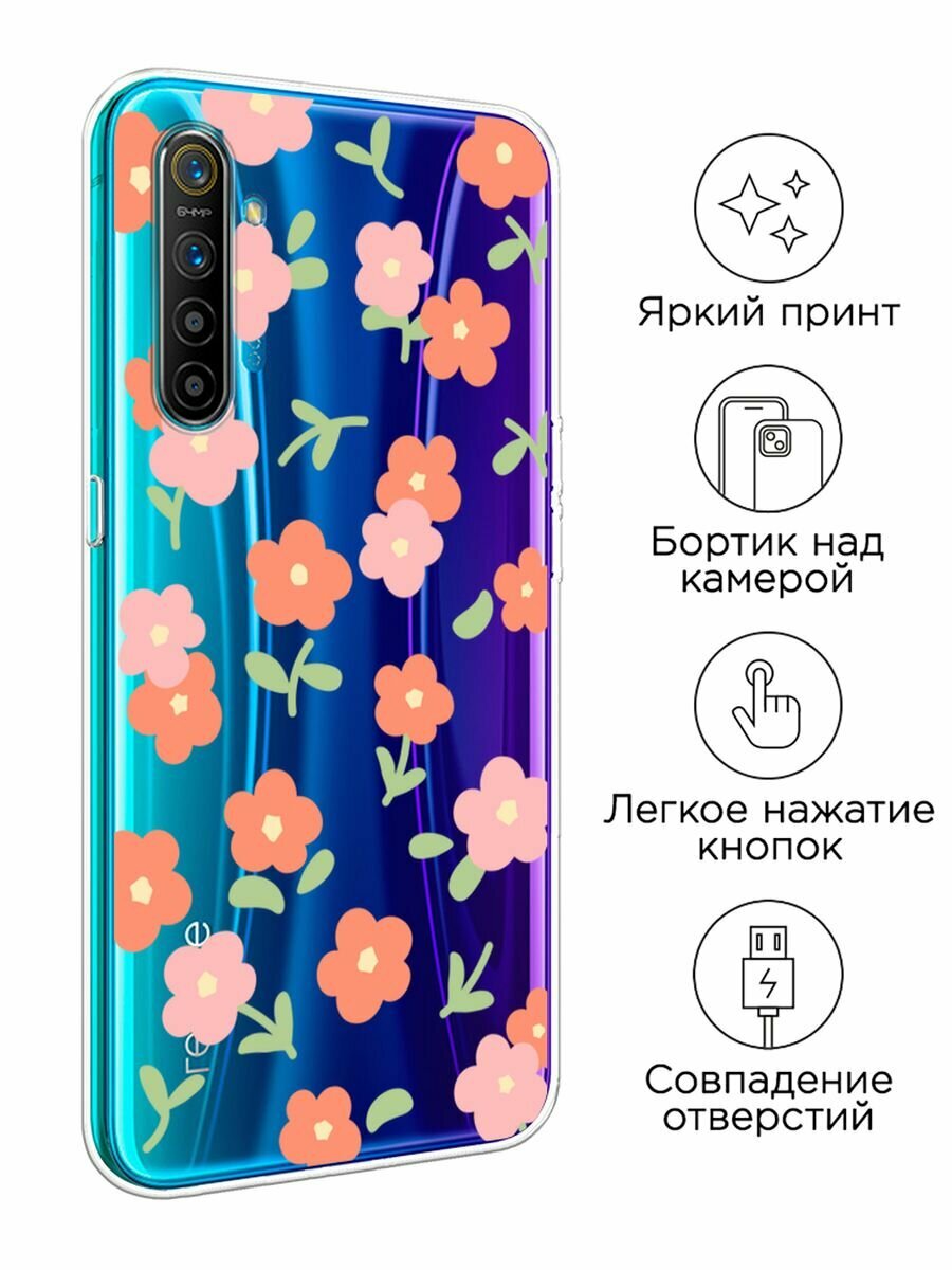 Чехол на Realme XT / Реалми XT с принтом "Красные цветочки рисунок", прозрачный — фото 1