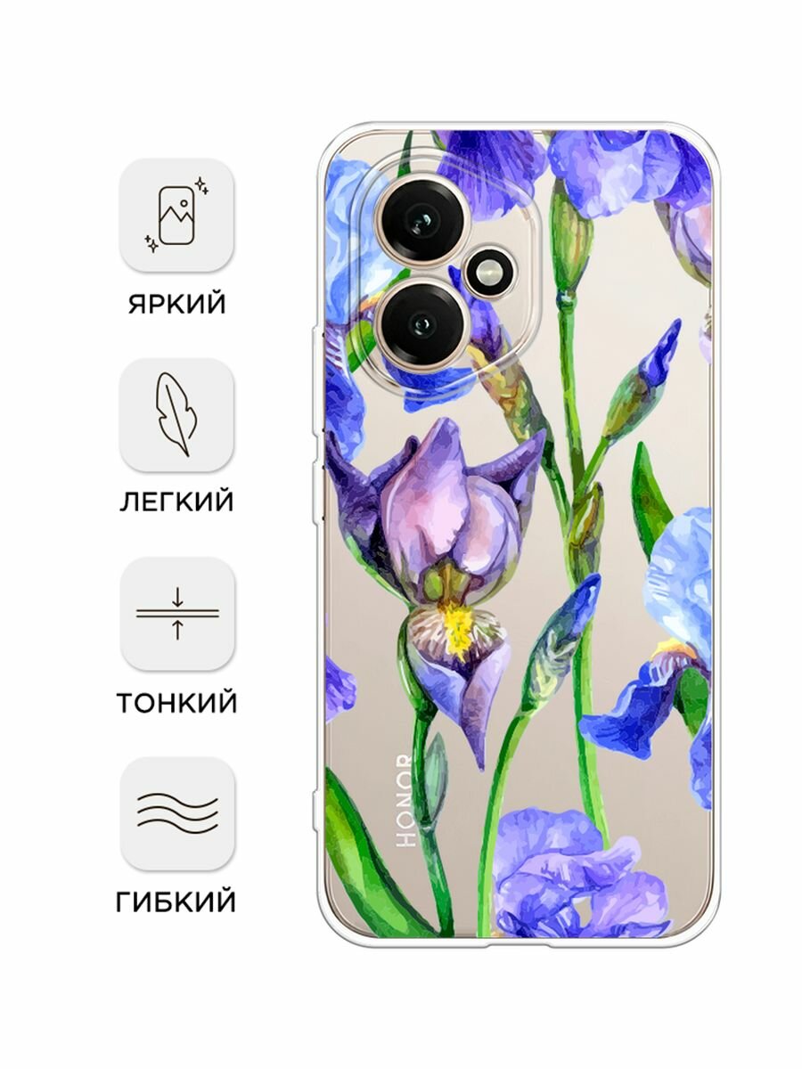 Чехол на Honor 400 / Хонор 400 с принтом "Синие ирисы", прозрачный — фото 1