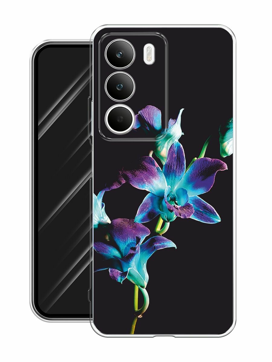 Чехол на Realme C71/P3 Lite 4G / Реалми С71/P3 Лайт 4G с принтом "Синий цветок на черном" — фото 1